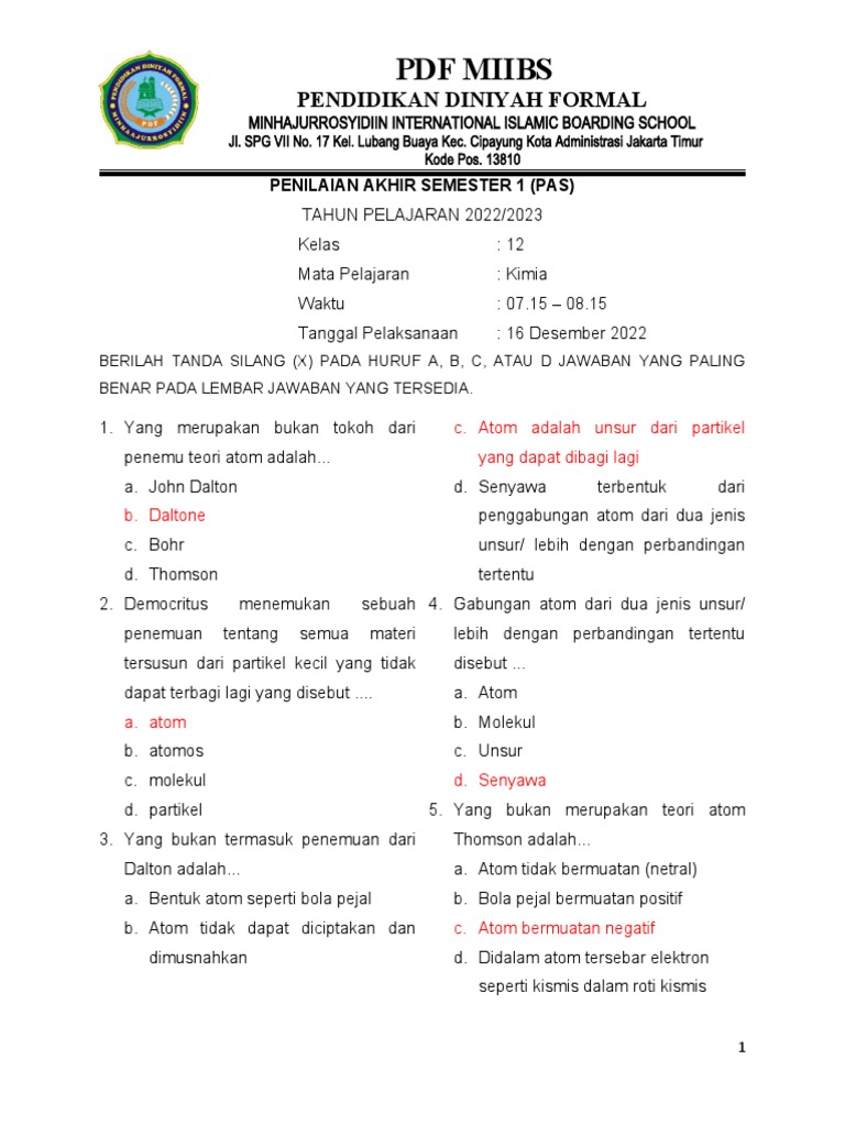 Soal PAS Semester 1 Kimia Kelas 12 Ulya | PDF