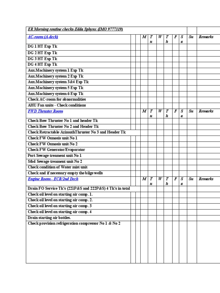 Edda Sphynx Daily Engine Room Checks | PDF | Gas Technologies ...
