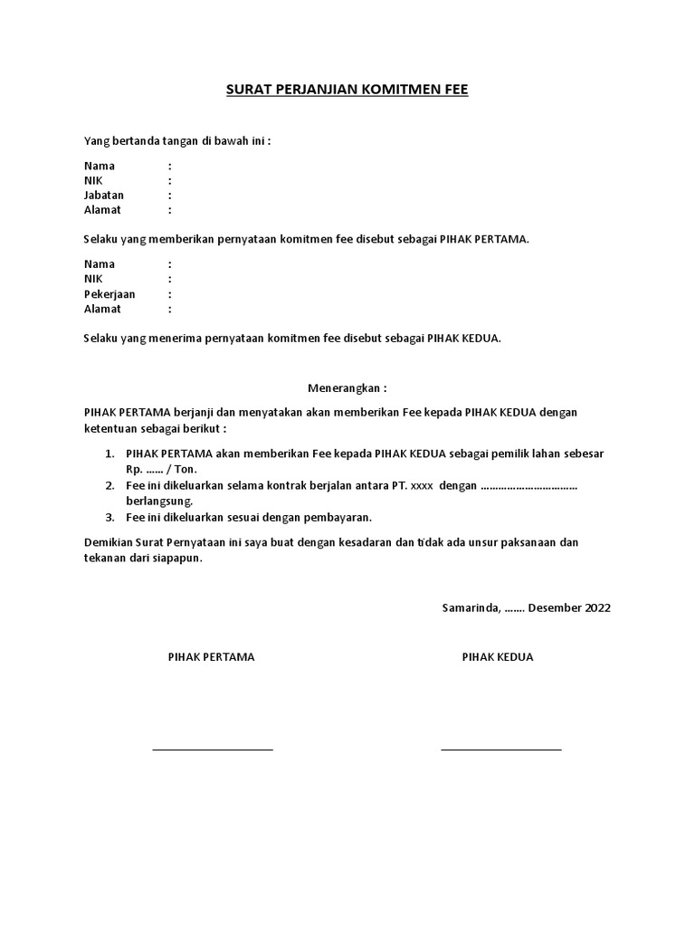 Surat Perjanjian Komitmen Fee | PDF | Hukum