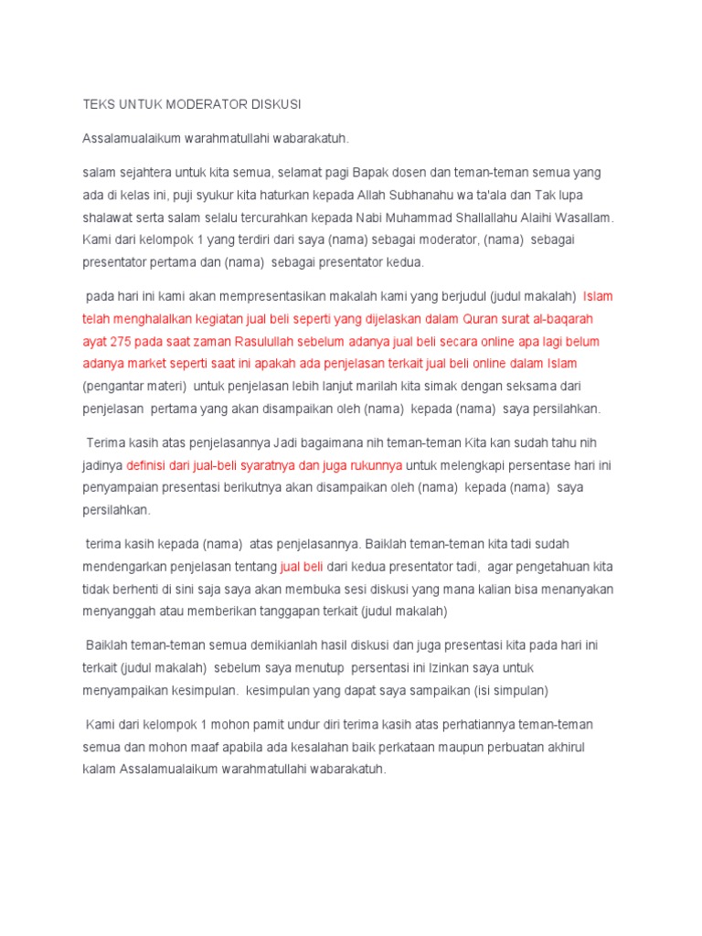 Teks Moderator Presentasi Kelompok Islam | PDF | Seni & Disiplin Bahasa ...