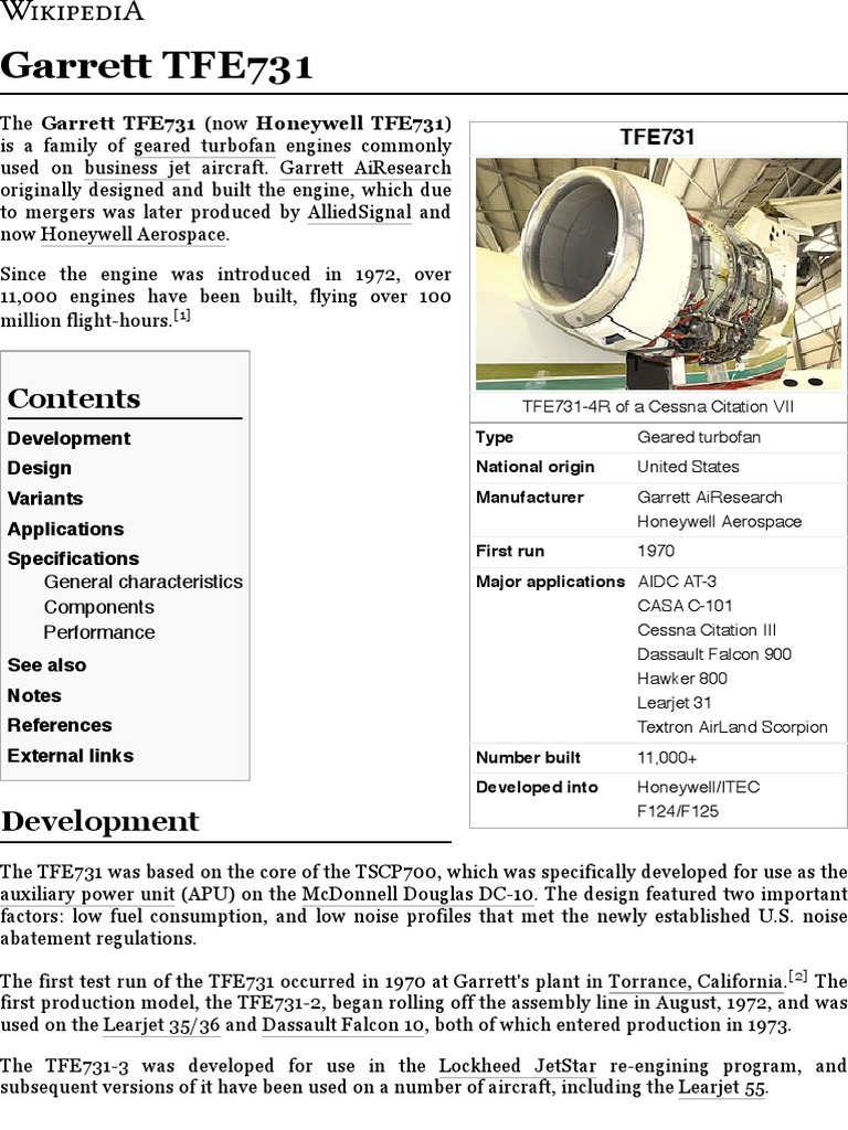 Garrett TFE731 - Wikipedia | Download Free PDF | Aviation | Engines