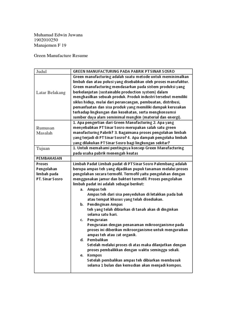 Green Manufacturing di PT Sinar Sosro | PDF