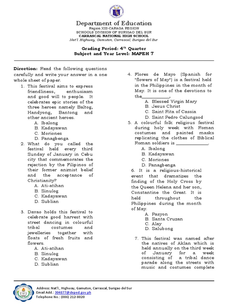 Q4 - FINAL - Summative Test MAPEH7 - SOLO MODEL | PDF | Cebu | Allergy