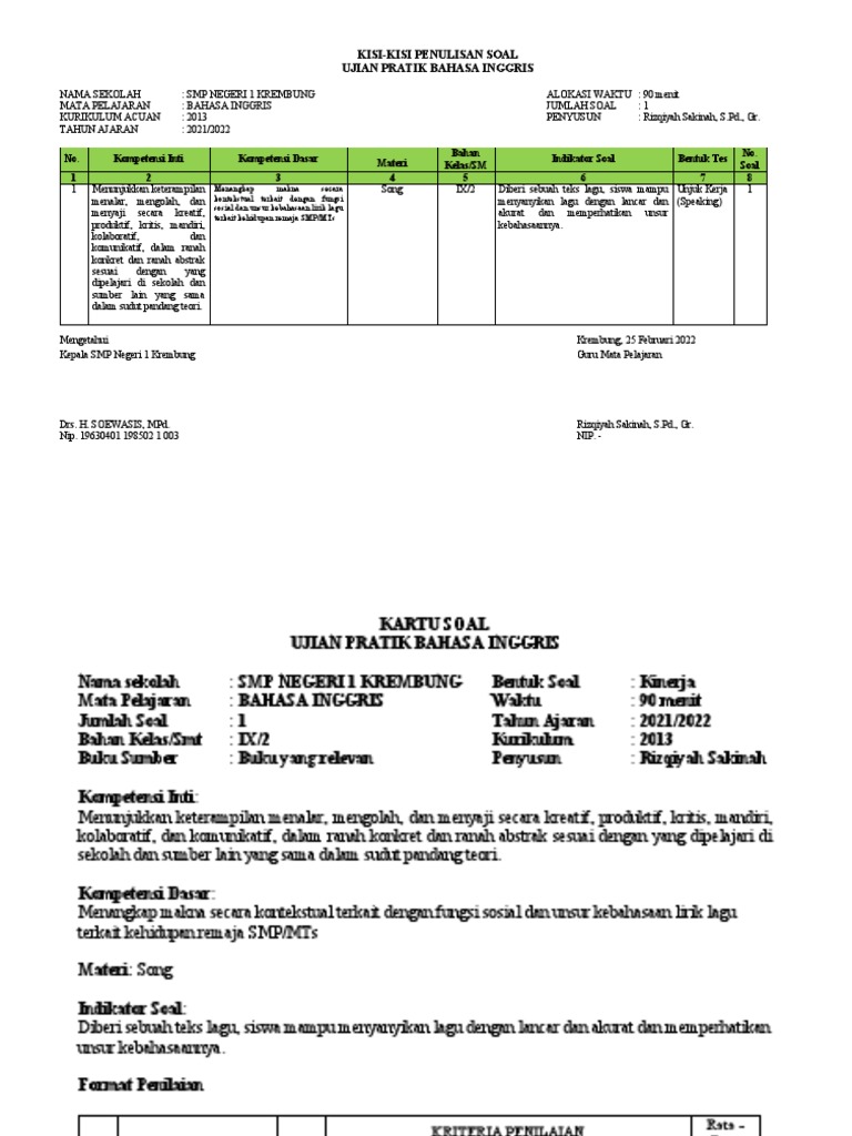 Format Uprak Bing Song 21-22 | PDF