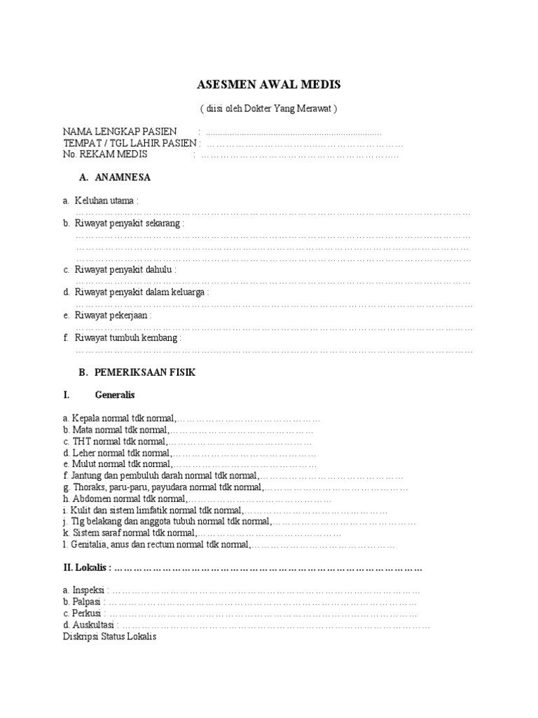 Form Asesmen Awal Medis | PDF | Memasak, Makanan, & Anggur