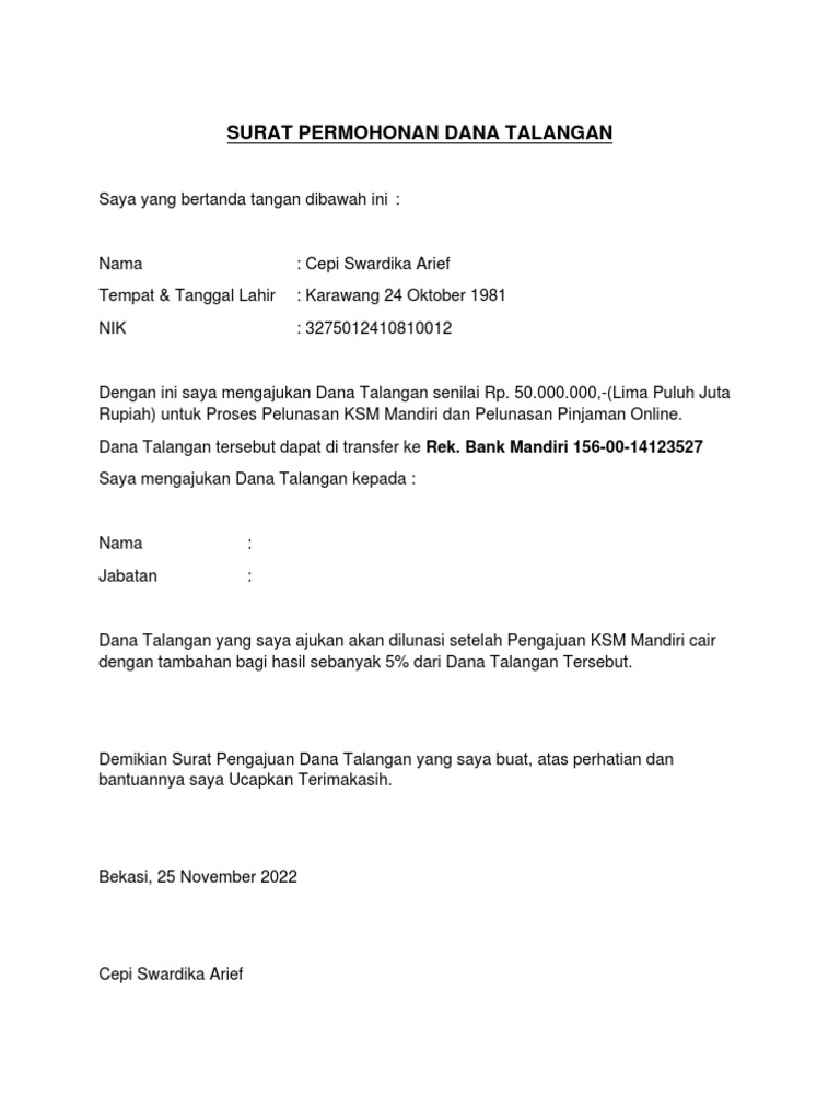 Surat Permohonan Dana Talangan | PDF