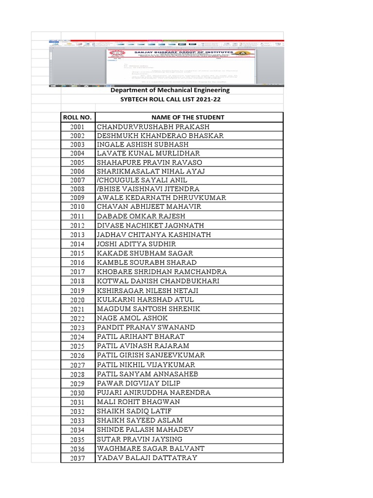 Department of Mechanical Engineering Sybtech Roll Call List 2021-22 Roll No. Name of The Student ...