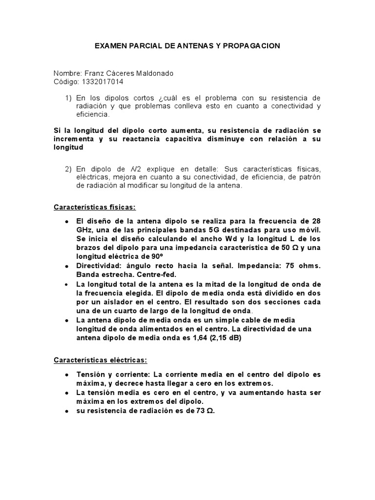 Examen Parcial: Antenas y Propagación | PDF | Antena (Radio) | Polarización (ondas)