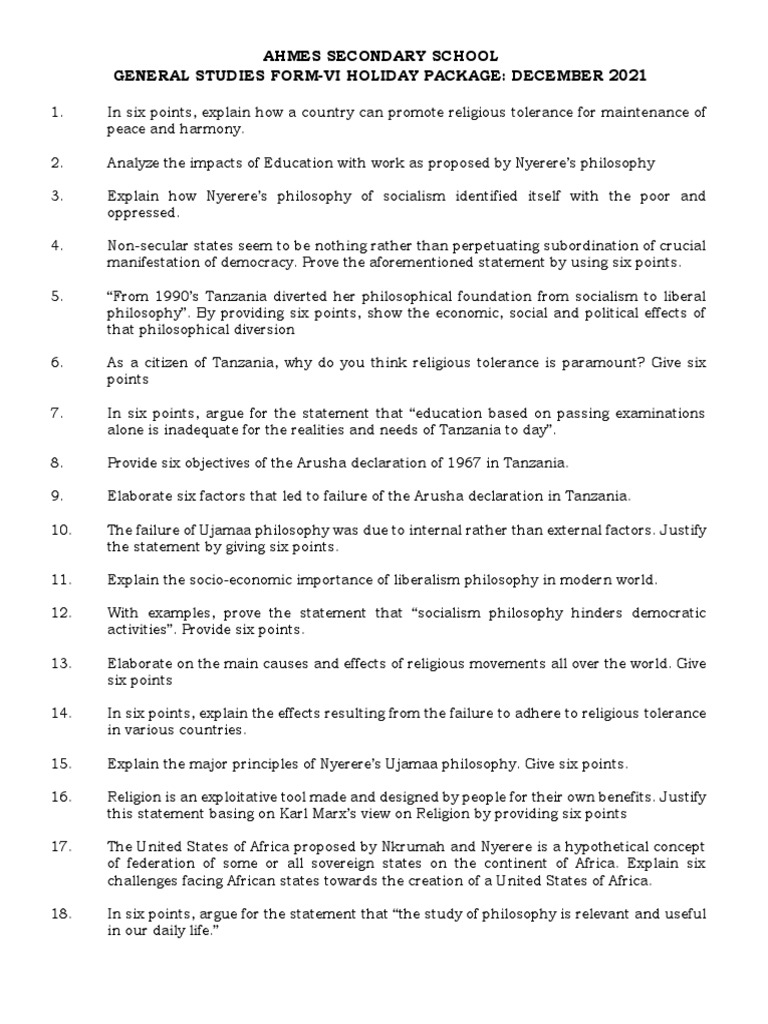 Ahmes Secondary School General Studies Form-Vi Holiday Package ...