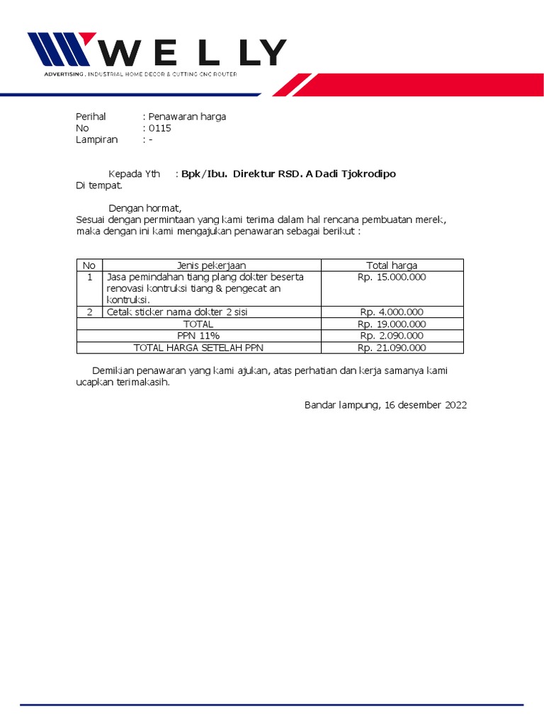 Penawaran Plang Dokter RSD | PDF