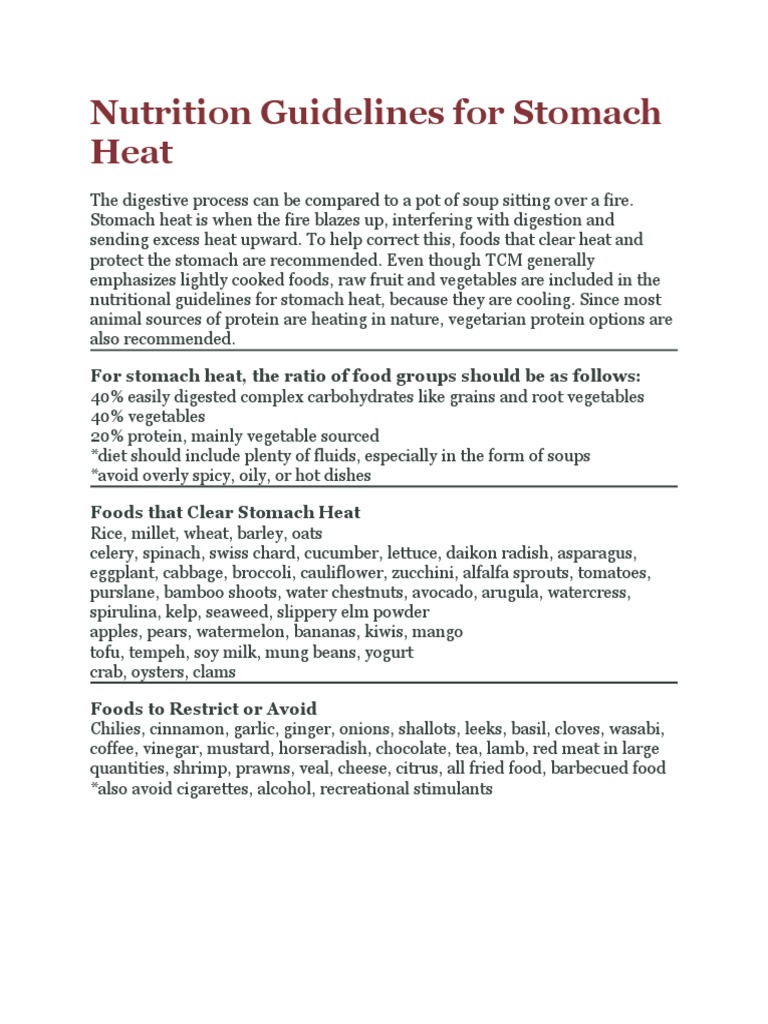 Nutrition Guidelines For Stomach Heat | PDF | Foods | Vegetables