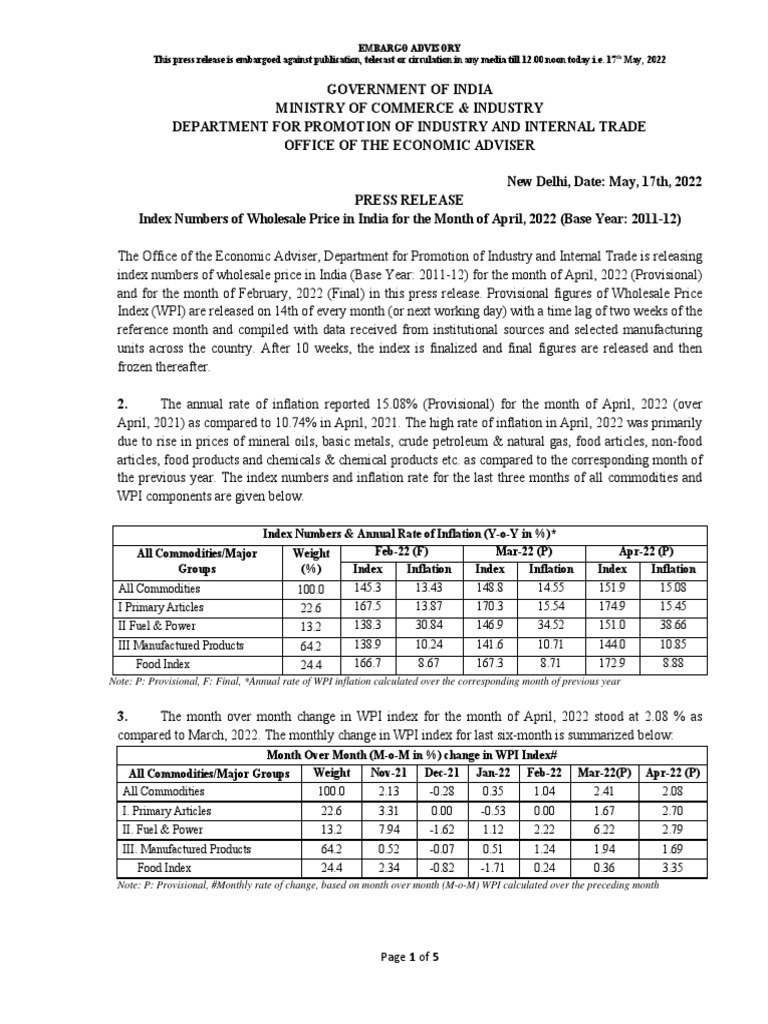 WPI Last 6 Month | PDF | Wholesale Price Index | Oil
