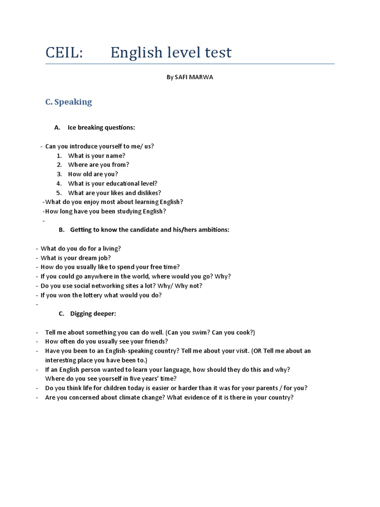 CEIL English Level Test Writing and Speaking | PDF | Cognition