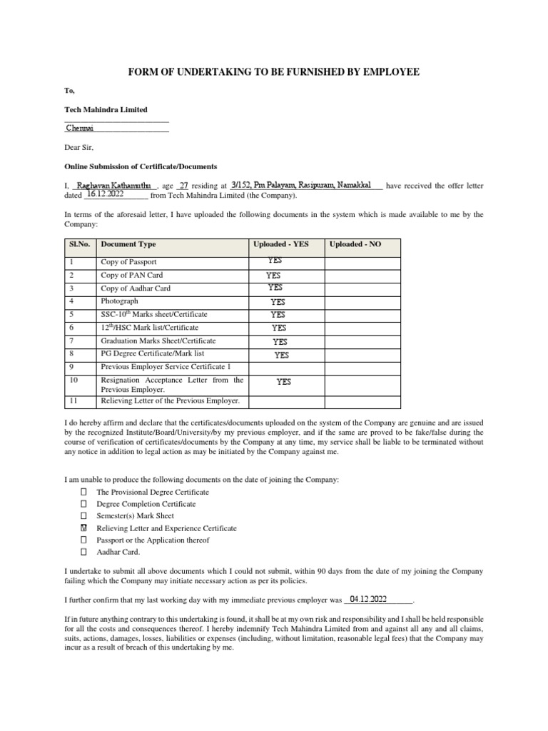 Undertaking From Employee For Documents - HR | PDF | Indemnity | Government