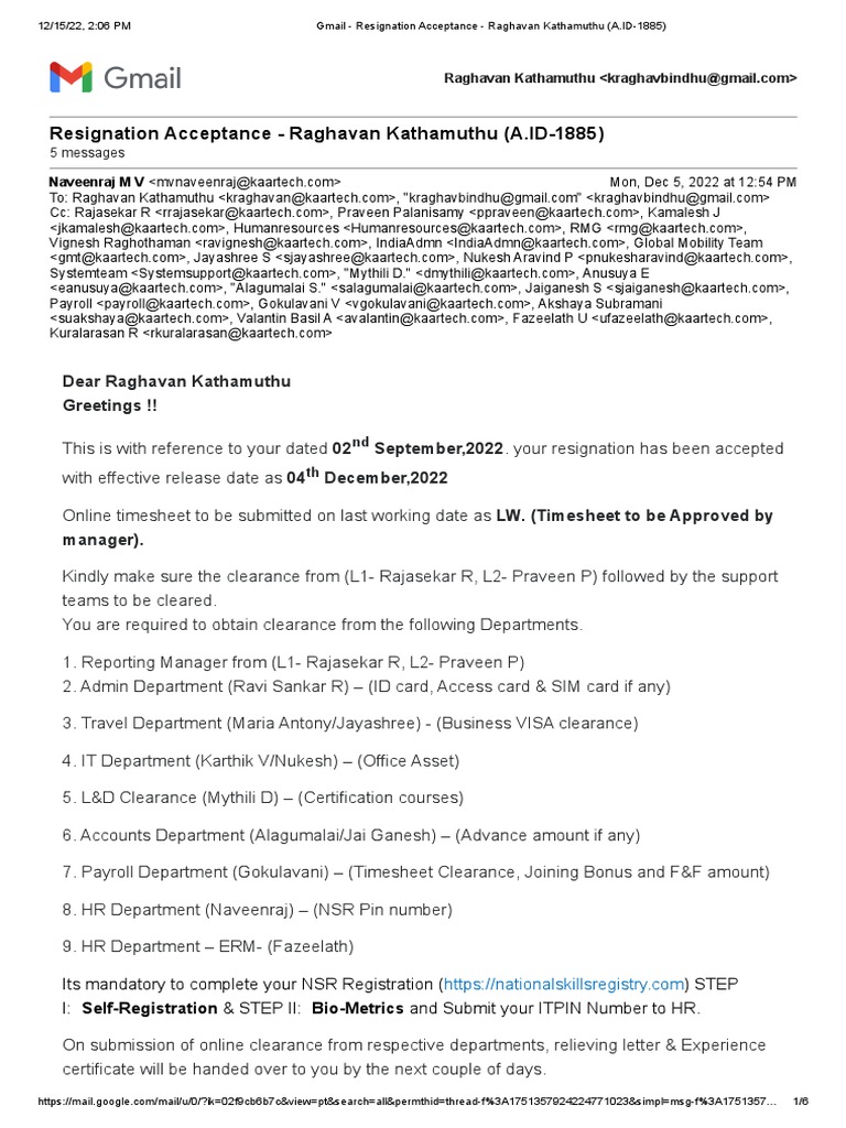 Resignation Acceptance - Raghavan | PDF