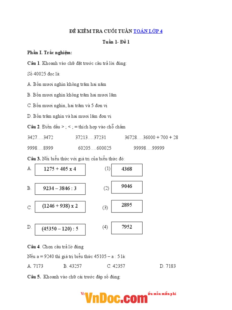 De Kiem Tra Toan Cuoi Tuan Lop 4 Tuan 1 de 1 | PDF