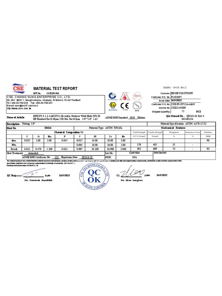 Material Test Report: Cse. Chiang Sung Enterprise Co., LTD | PDF | Pipe ...