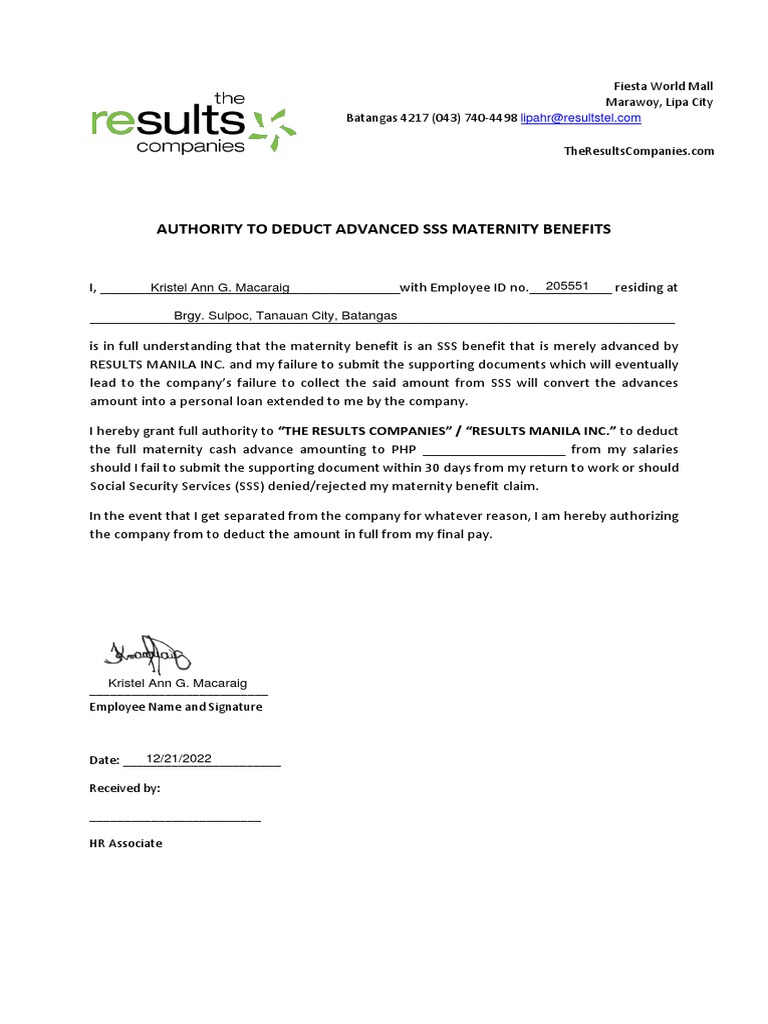 Authority To Deduct Advanced Sss Maternity Benefits: Fiesta World Mall ...