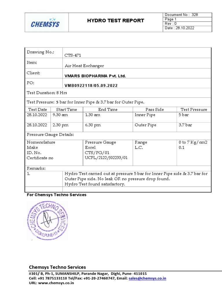 Hydro Test Report for Air Heat Exchanger | PDF