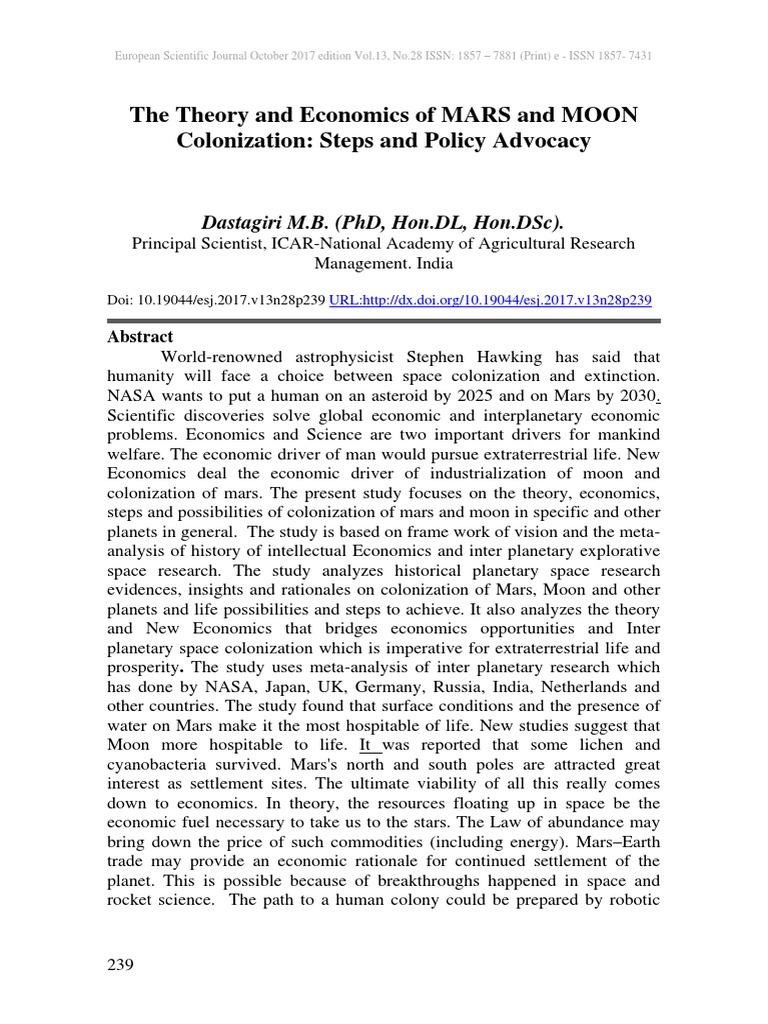 The Theory and Economics of MARS and MOON Colonization: Steps and ...