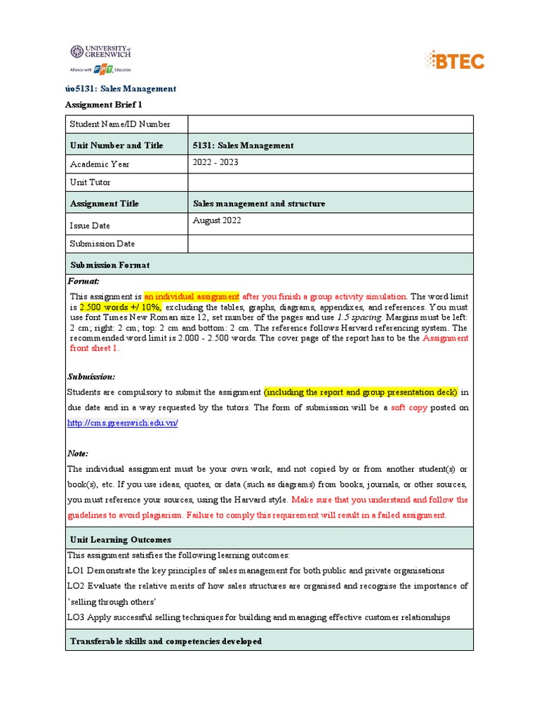 Sales Management Assignment Overview | PDF | Sales | Marketing