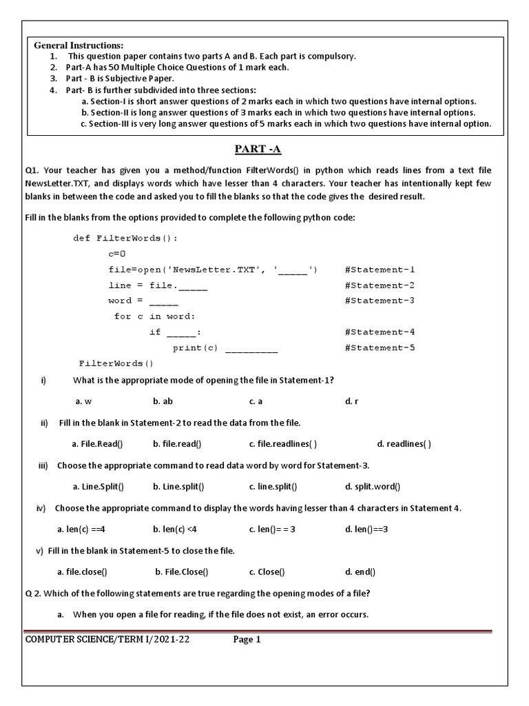 Term 1 Sample Paper 1 Pdf Parameter Computer Programming Subroutine 7191