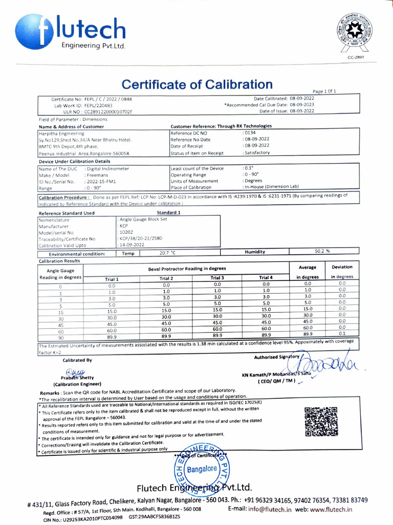 Digital Inclinometer - 2022-15-FM1 | PDF | Calibration | Metrology