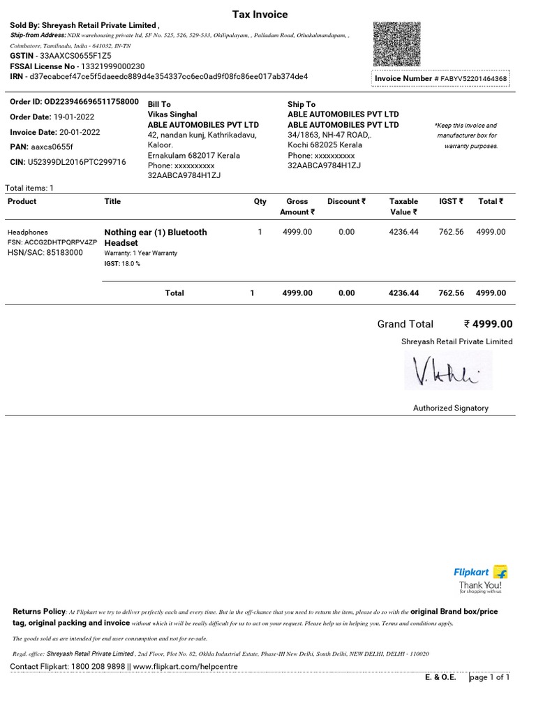 Tax Invoice for Headphones | PDF | Government Finances | Payments