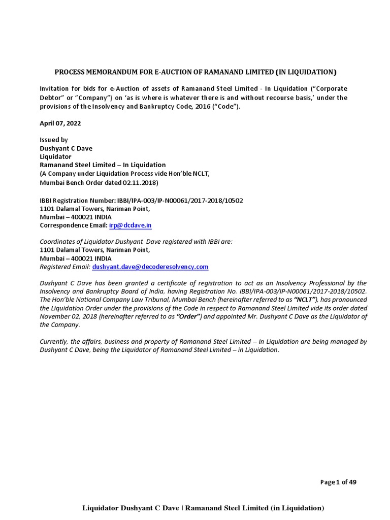 Process Memorandum - Ramanand | PDF | Bankruptcy | Auction
