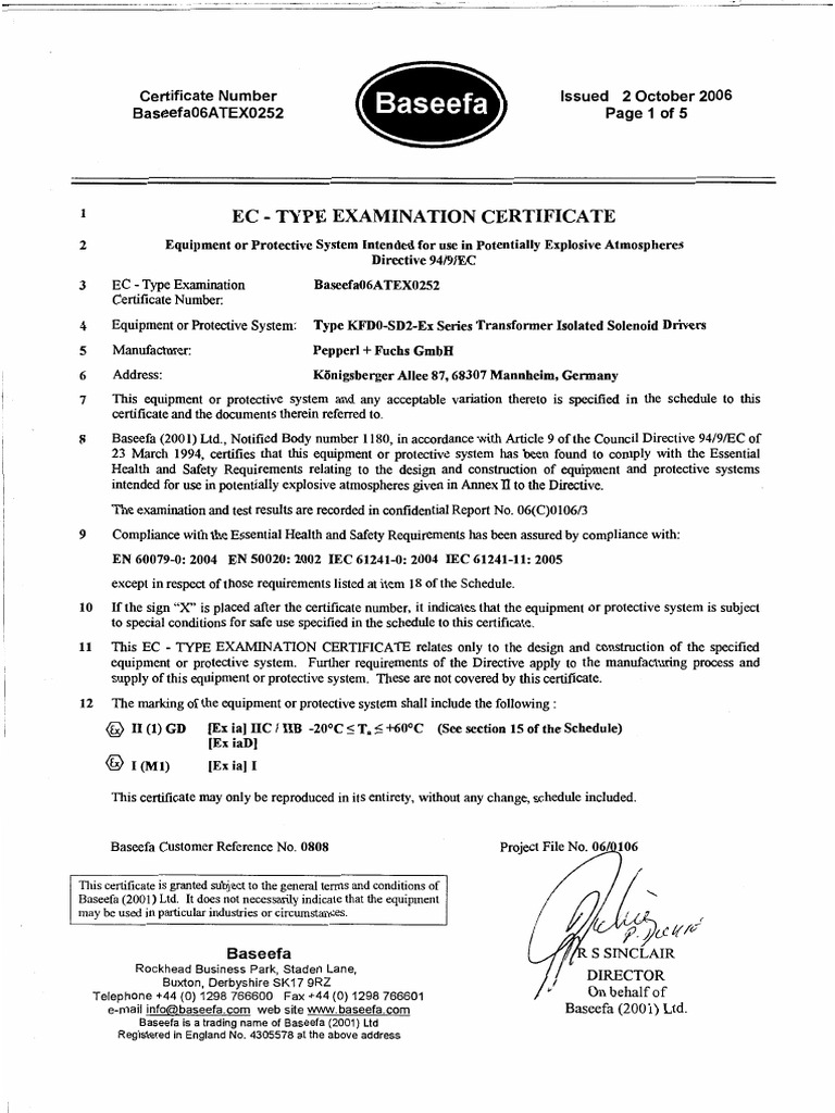 Baseefa 06 Atex 0252 | PDF