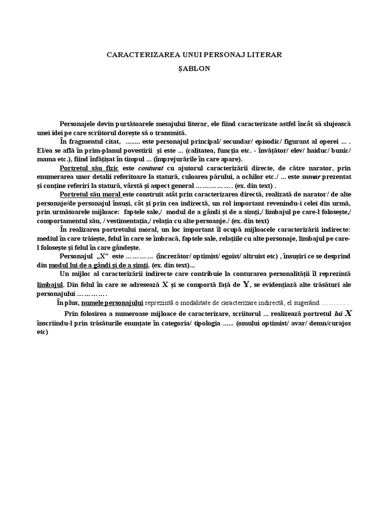 CARACTERIZARE personaj-SABLON | PDF