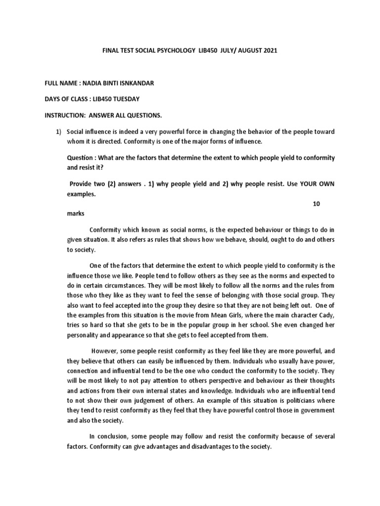 Final Test Social Psychology | Download Free PDF | Conformity ...