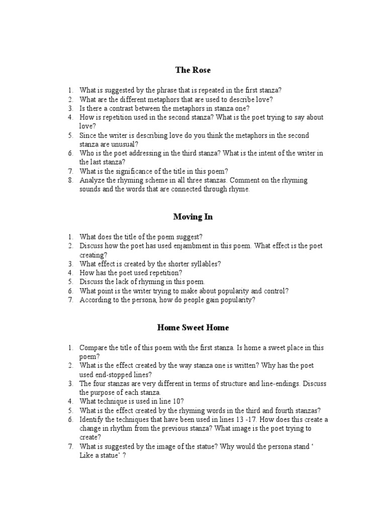 Year 7 Poetry B Questions | PDF | Poetry | Rhyme