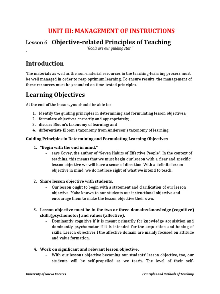 UNIT III - Lesson 1 Objective Related Principles of Learning | PDF | Teaching Method | Learning