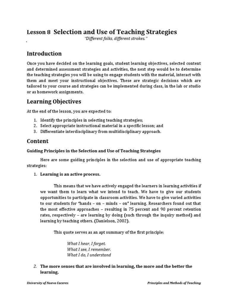 UNIT III - Lesson 3 Selection and Use of Teaching Strategies | PDF ...