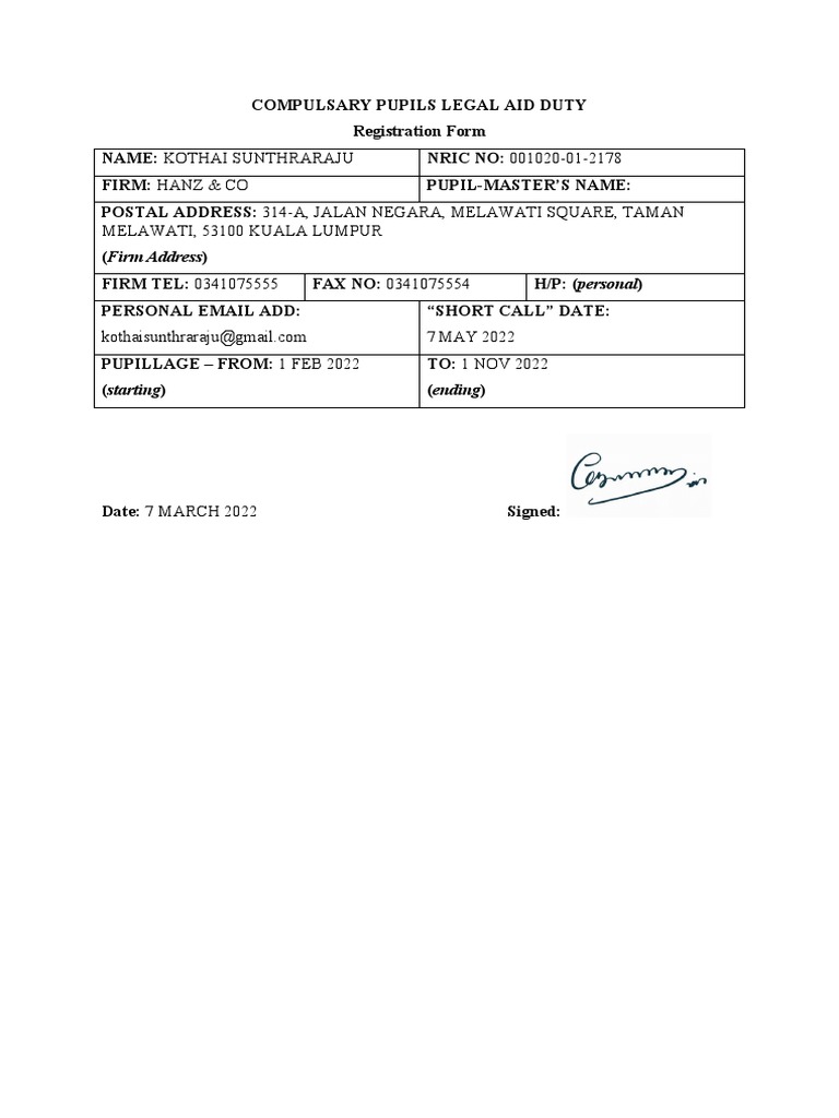 Compulsary's Legal Aid Duty and Master's Consent Form | PDF