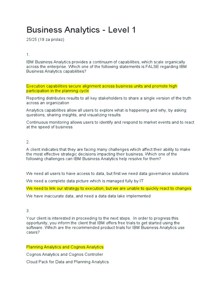 Business Analytics - Level 1 Quiz (25 - 25) | PDF | Analytics | Cloud ...