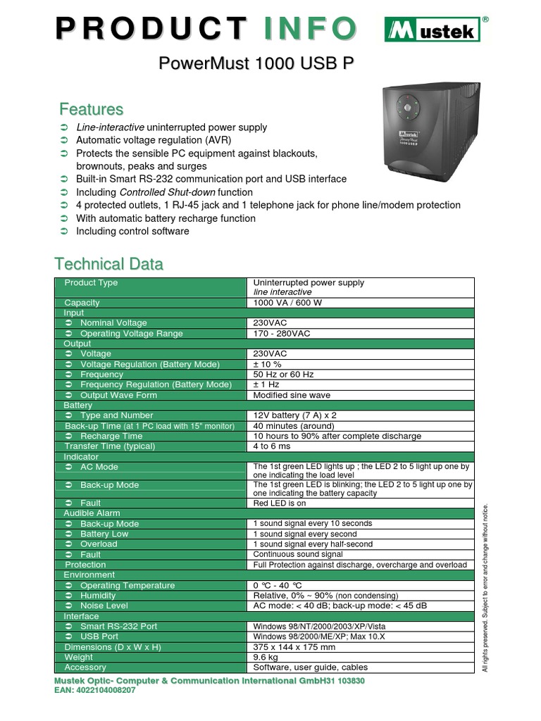 Mustek Powermust 1000 UPS Features | PDF | Power Supply | Usb