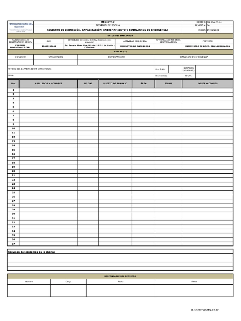 FM - SSO.FO.01 Registro de Inducción | PDF FM - SSO.FO.01 Registro de Inducción | PDF