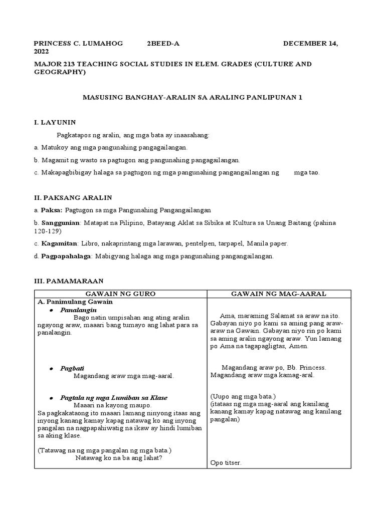 Masusing Banghay Aralin Sa Araling Panlipunan 1 | PDF