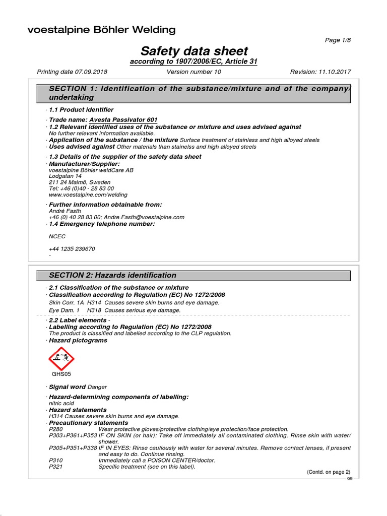 Avesta Passivator 601 Safety Data Sheet | PDF | Toxicity | Personal ...