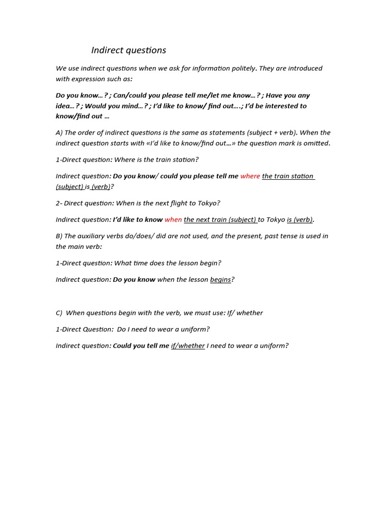 Indirect Question Formats | PDF | Question | Verb
