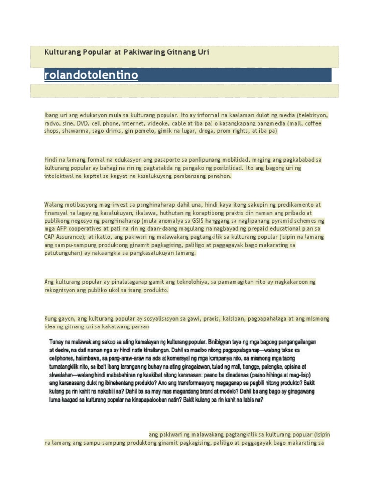 Kulturang Popular at Pakiwaring Gitnang Uri | PDF