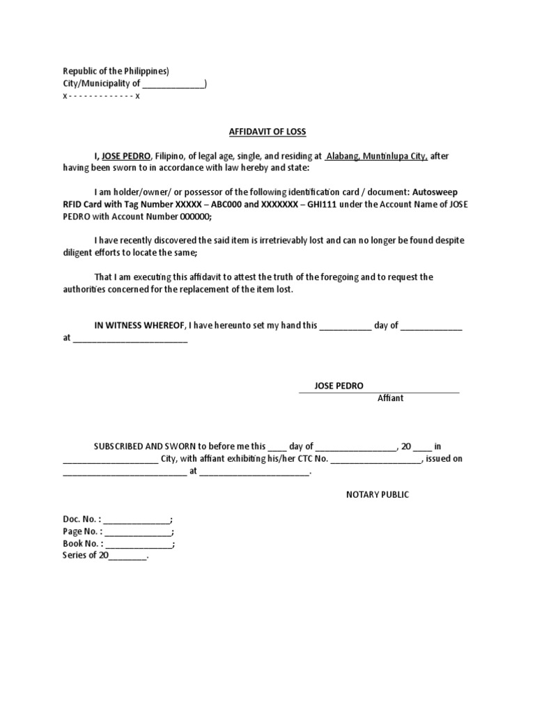 Affidavit of Loss New RFID | PDF