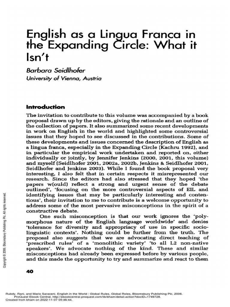 Seidlhofer, 2006 - English As A Lingua Franca in The Expanding Circle | Download Free PDF ...