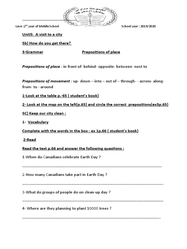 8th grade -prepositions of place | PDF