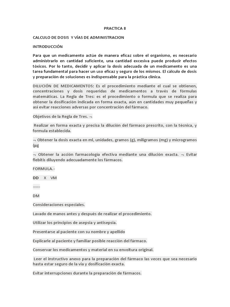 PRACTICA 8 Calculo de Dosis | PDF | Medicamentos con receta | Farmacología