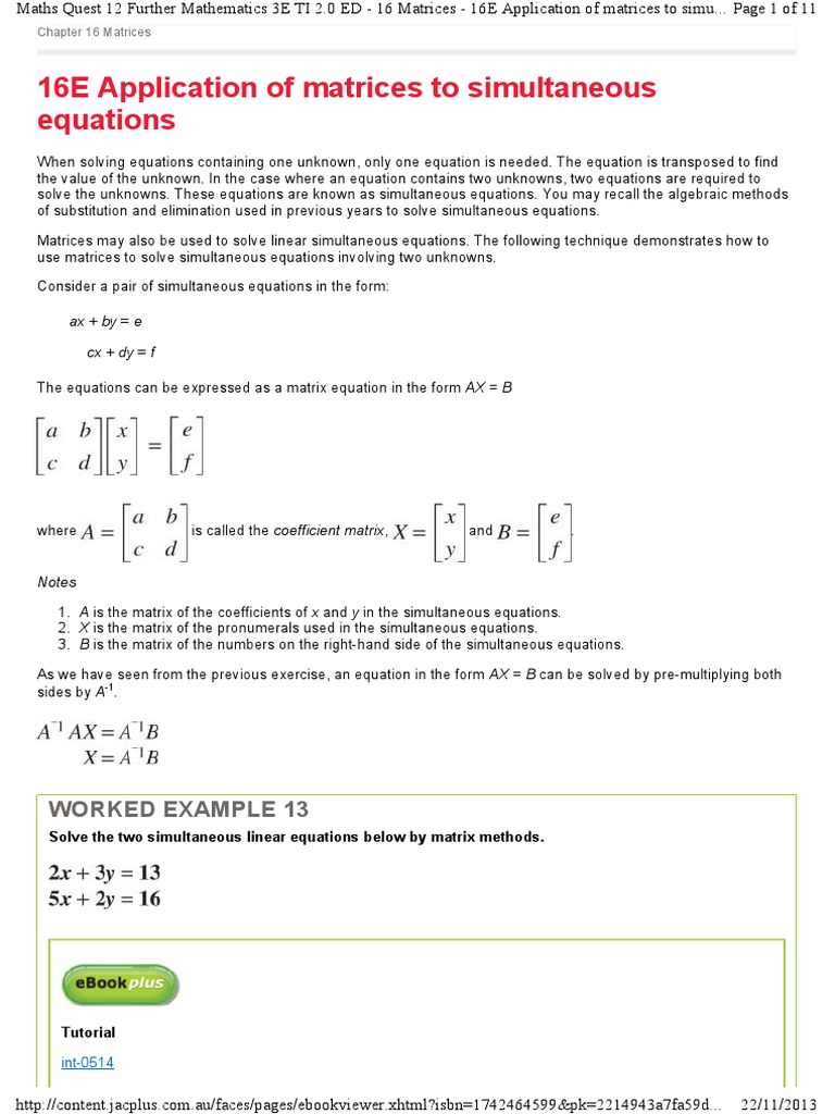 16E Application of Matrices To Simultaneous Equations: Worked Example 13 | Download Free PDF ...