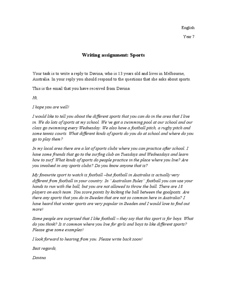 Sports Writing Assignment | PDF