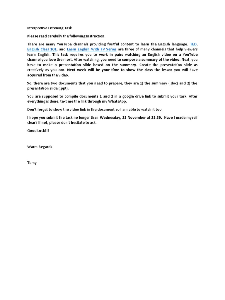 Interpretive Listening Task 4 | PDF